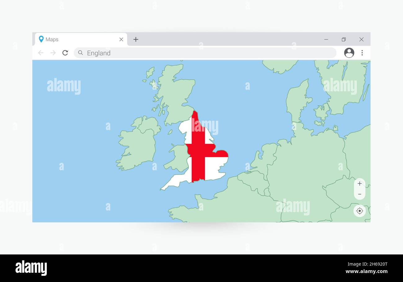 Browser window with map of England, searching England in internet ...