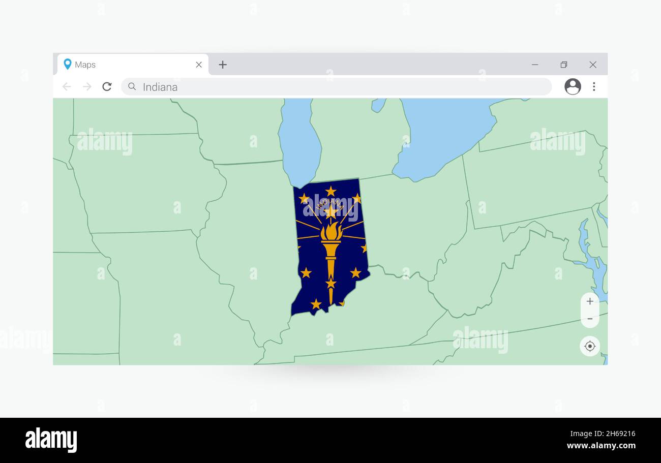 Browser window with map of Indiana, searching Indiana in internet ...
