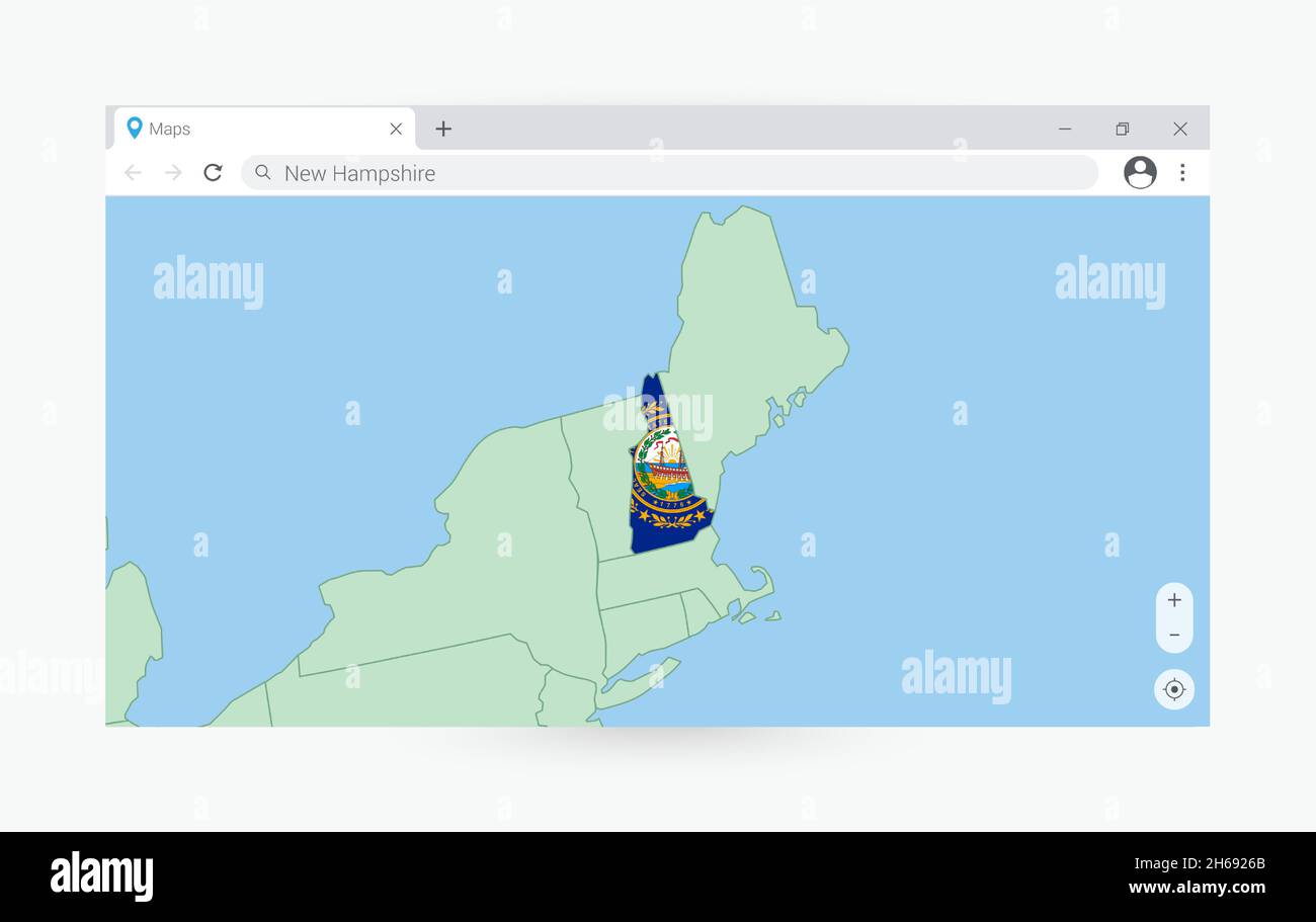 Browser window with map of New Hampshire, searching New Hampshire in ...