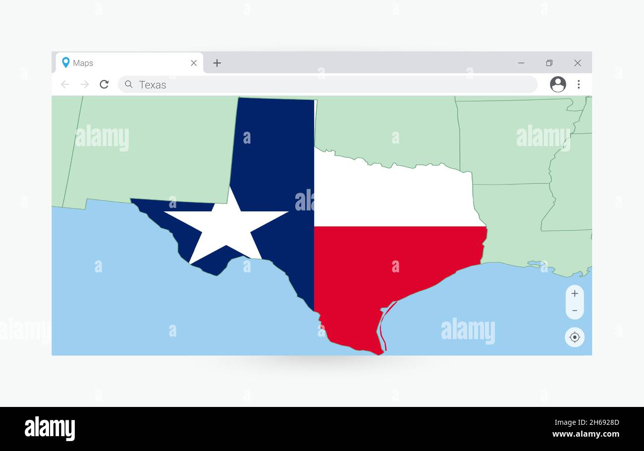 Browser window with map of Texas, searching Texas in internet. Modern ...