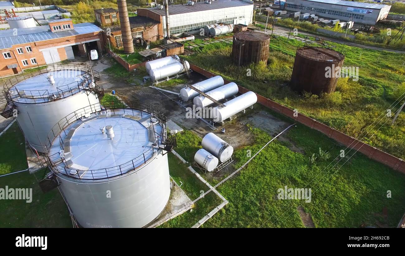 Aerial top view oil storage tanks. Stock. Top view of the large oil ...