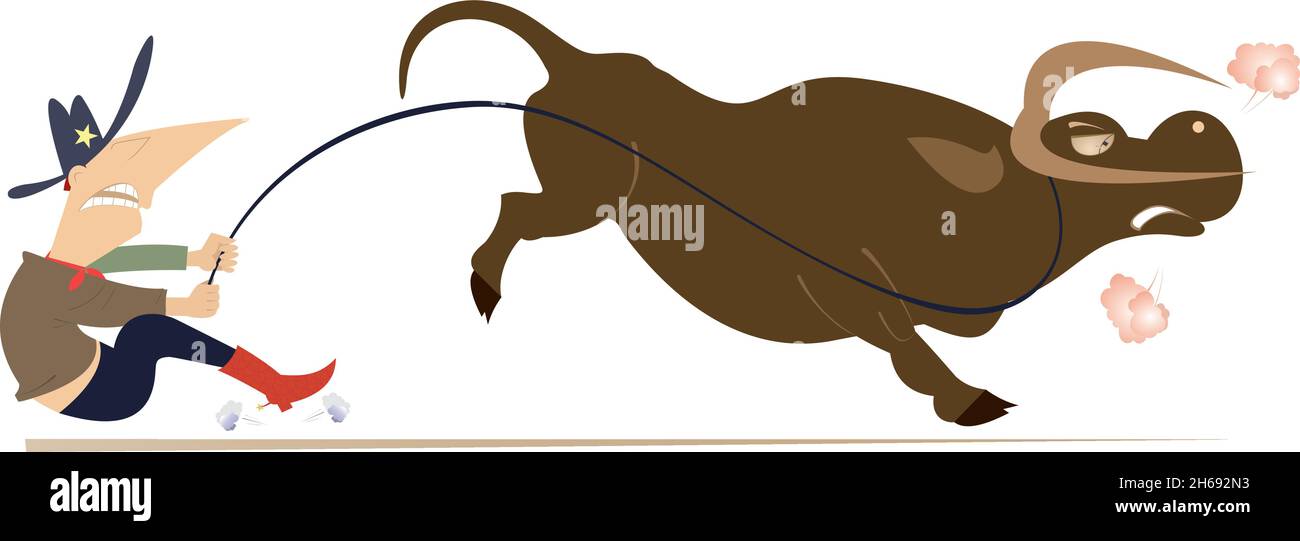 Bull runs away from the rider illustration. Funny famer or cowboy tries ...