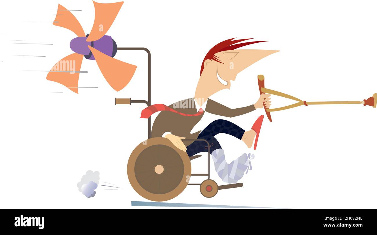 Cartoon man with bandages on the hand and leg holds crutch sits in the ...