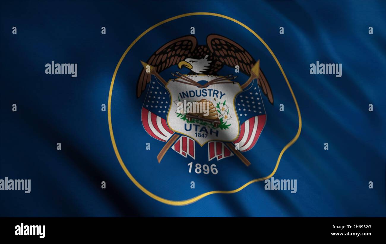 Abstract Utah state's flag waving in the wind. The flag consists of the ...