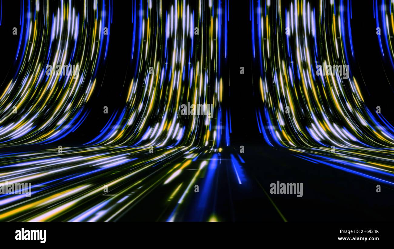 Curved paths with neon lines in stream. Animation. High-speed neon ...