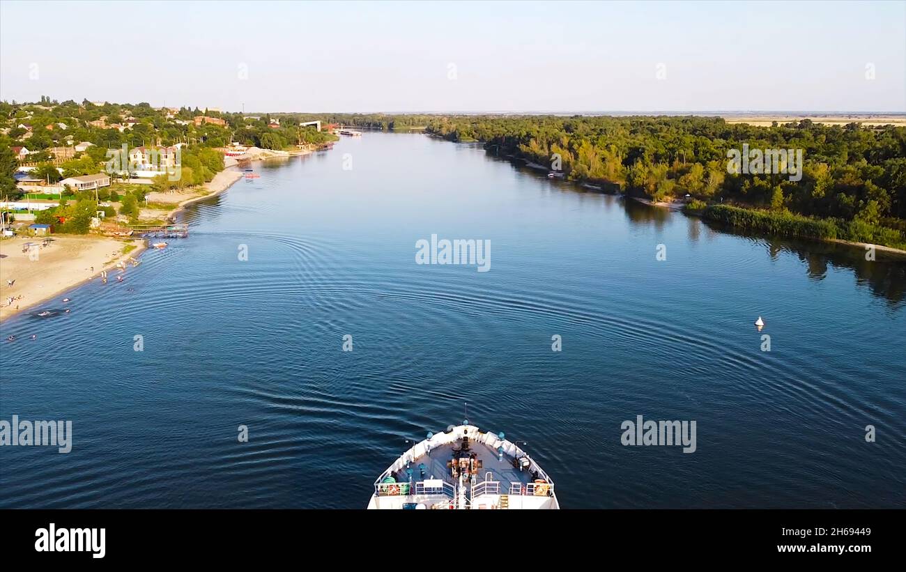 Cargo ship standing at beach. Footage. Top view of beautiful old cargo ...