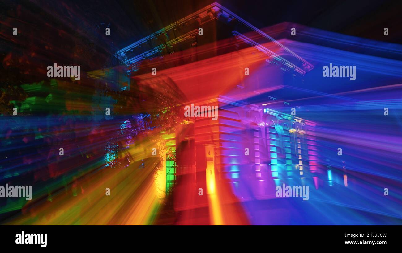 colorful illuminated house with light painting Stock Photo - Alamy