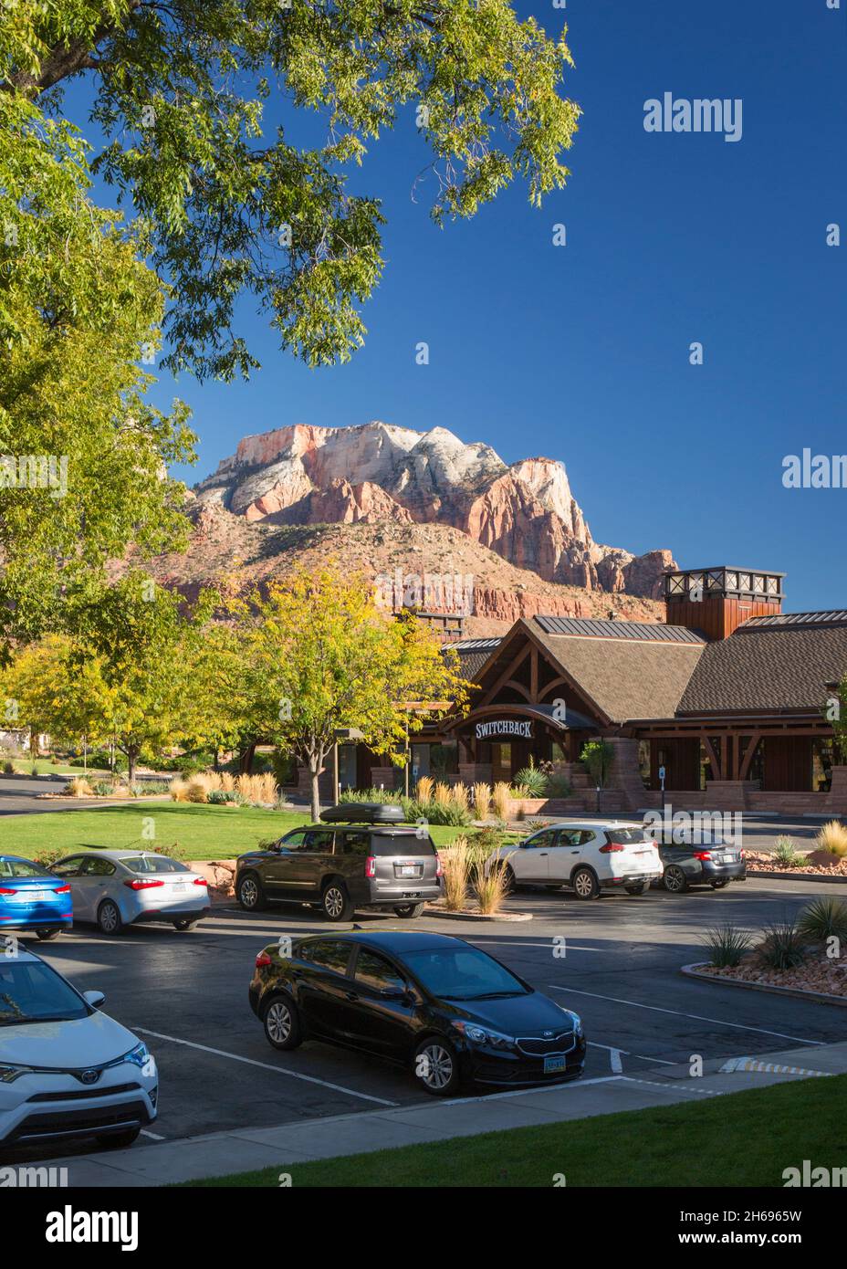 Springdale, Utah, USA. View across car park in front of the Switchback ...