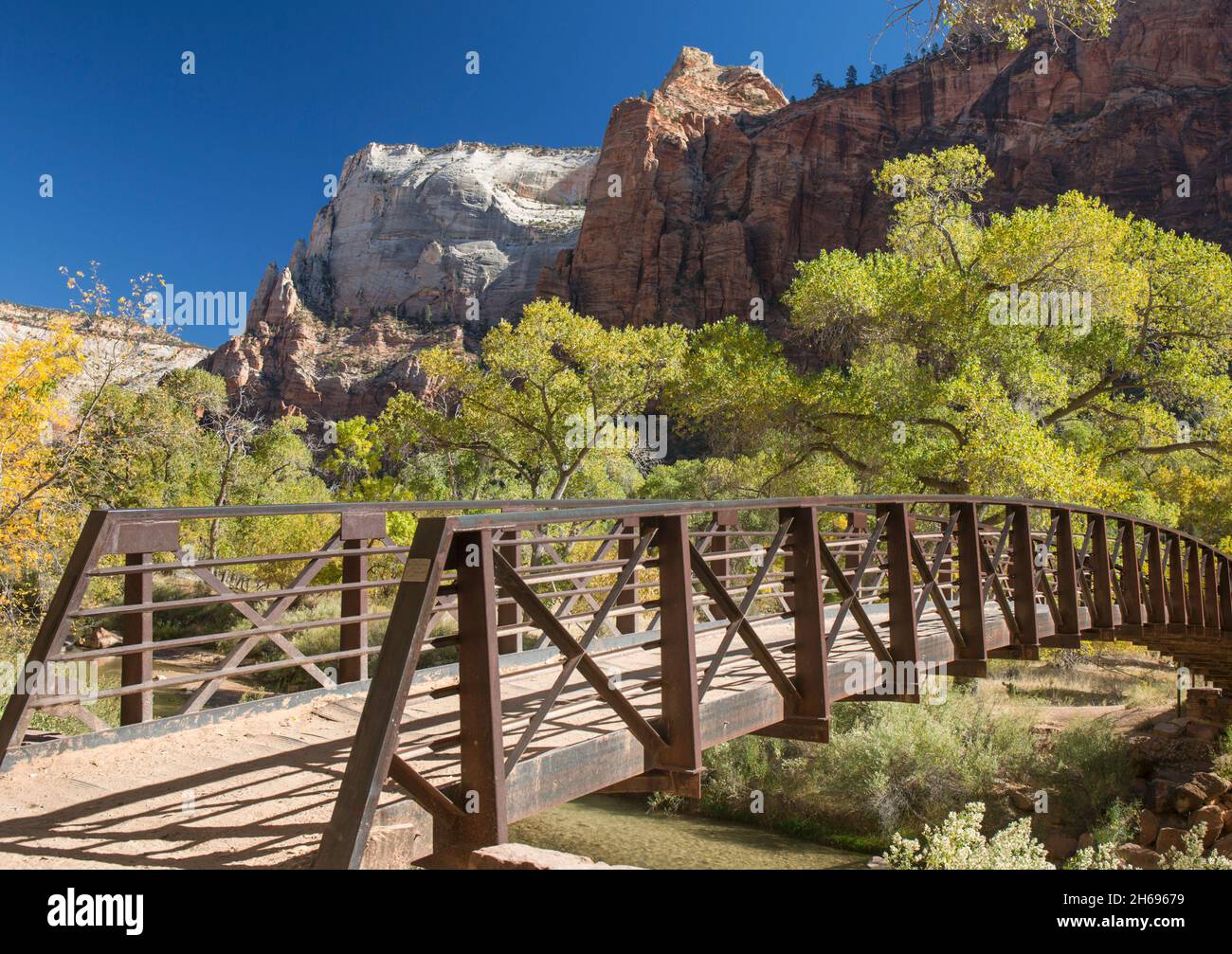 Zion National Park, Utah, USA. Footbridge marking the start of the ...