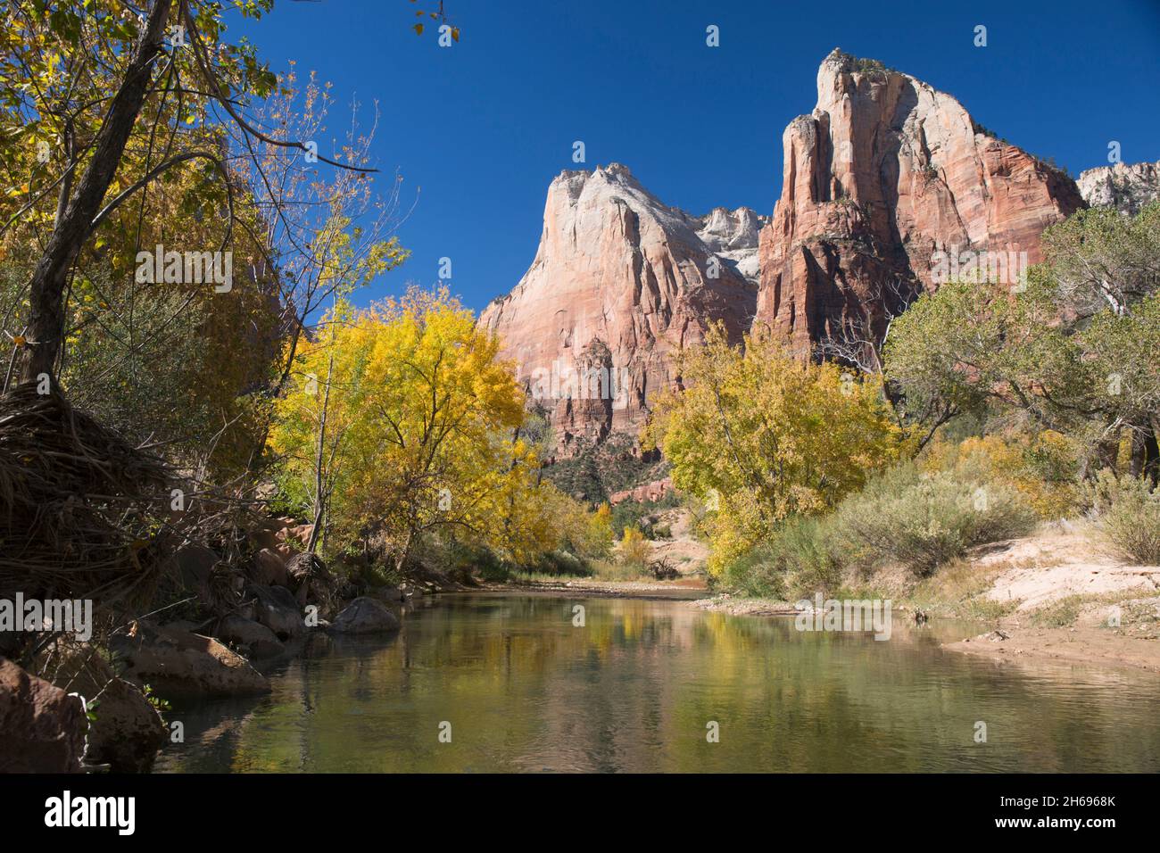 Zion National Park, Utah, USA. View along the Virgin River to Abraham ...