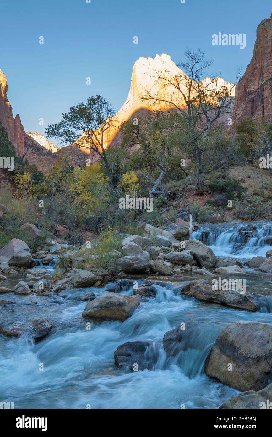 Zion National Park, Utah, USA. View at sunrise across the Virgin River ...