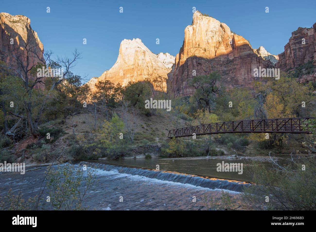 Zion National Park, Utah, USA. View at sunrise across the Virgin River ...