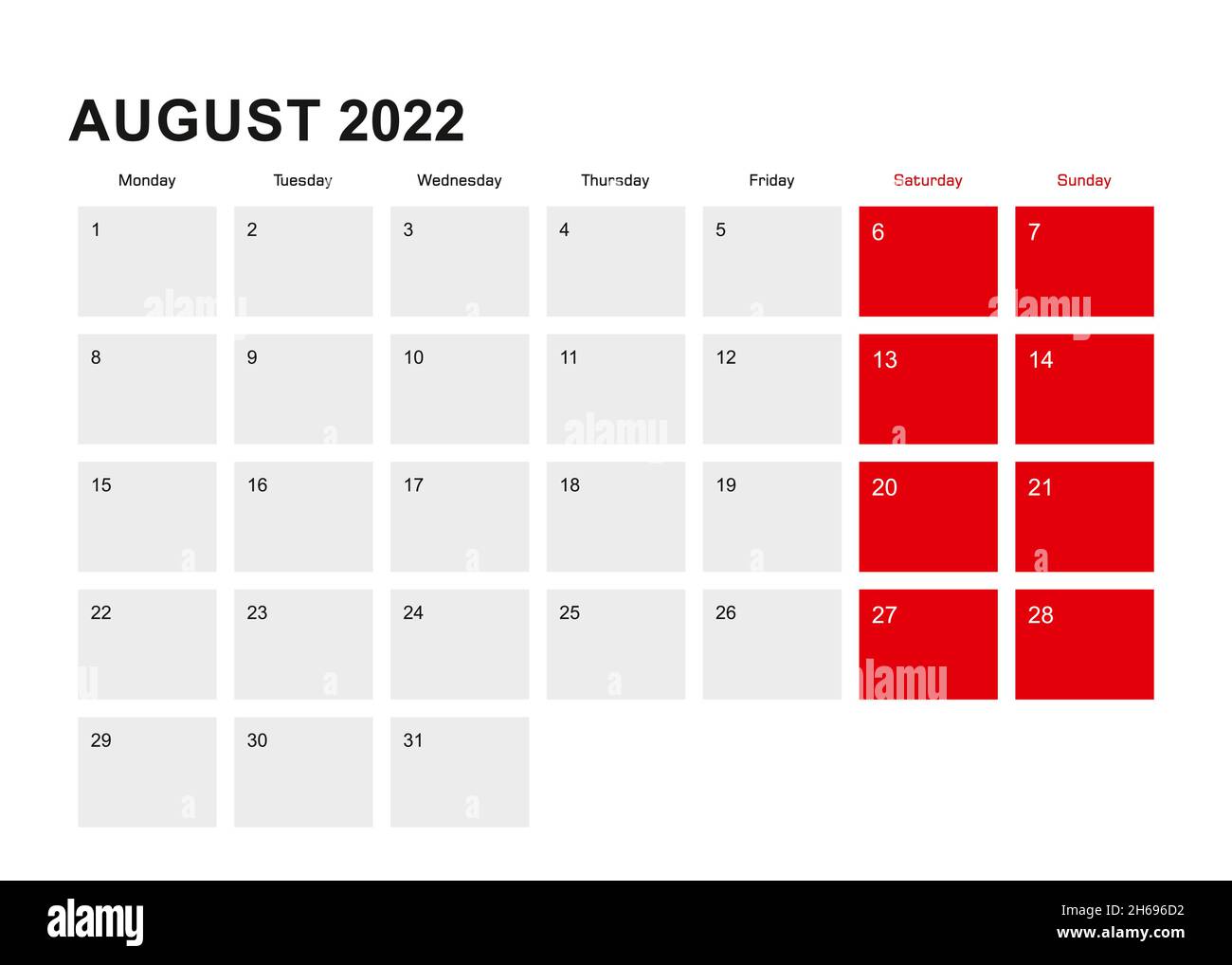 2022 August planner calendar design. Week starts from Monday. Vector ...