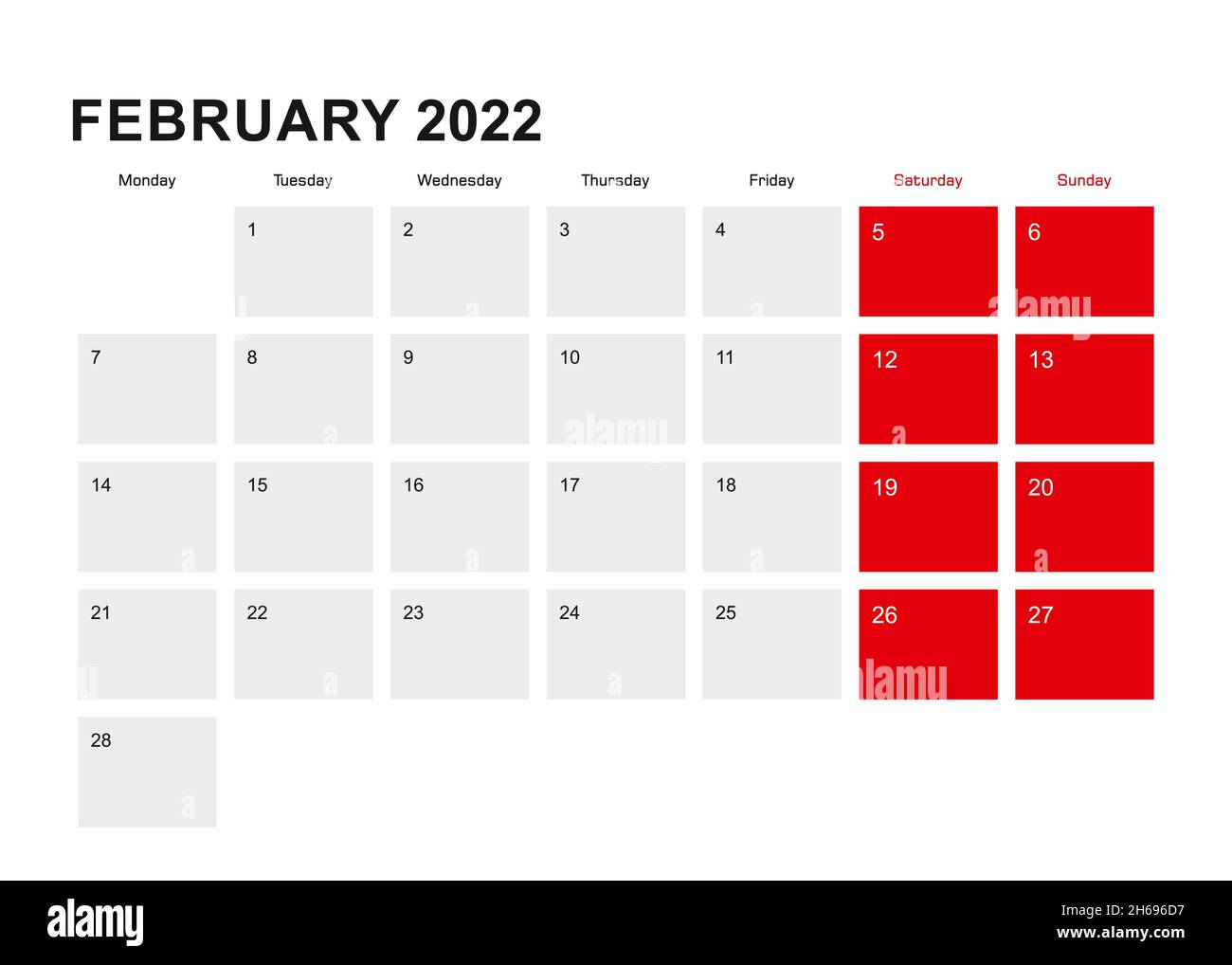 2022 February planner calendar design. Week starts from Monday. Vector ...