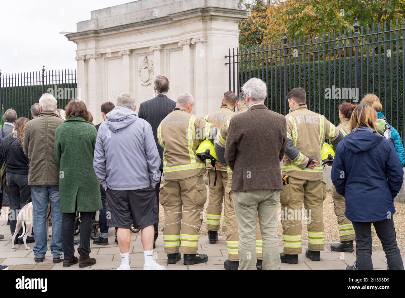 Greenwich, London, UK. 14th November 2021. Residents, fire brigade crew ...