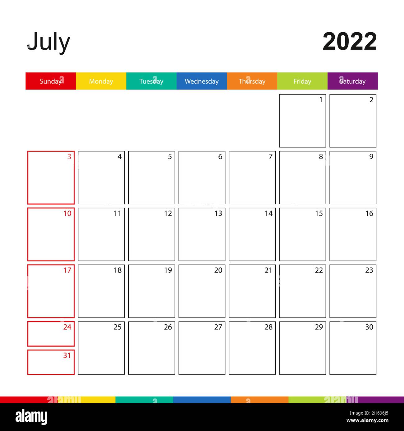 July 2022 colorful wall calendar, week starts on Sunday. 2022 Calendar ...
