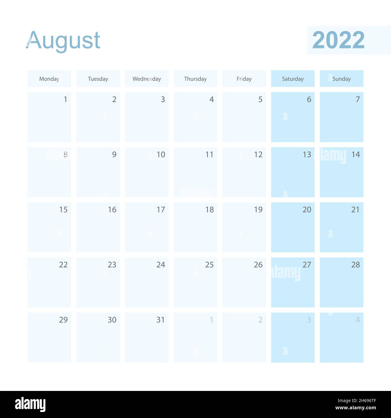 2022 August wall planner in blue pastel color, week starts on Monday ...