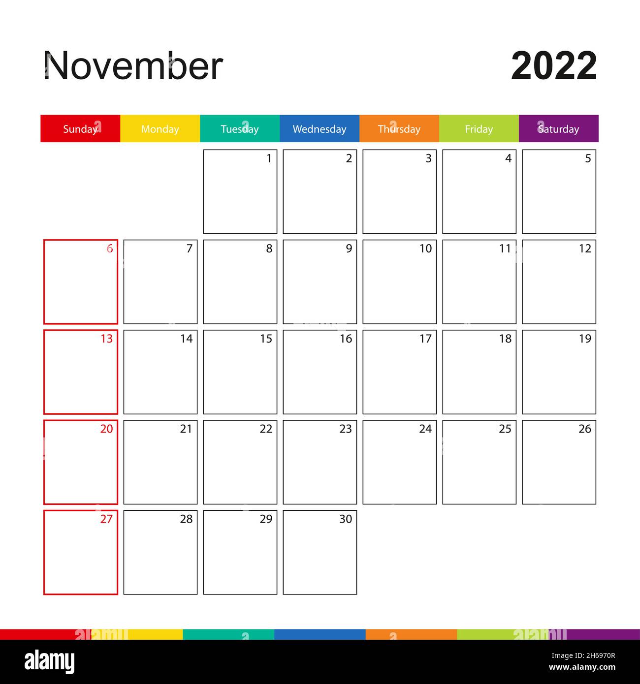 November 2022 colorful wall calendar, week starts on Sunday. 2022 ...