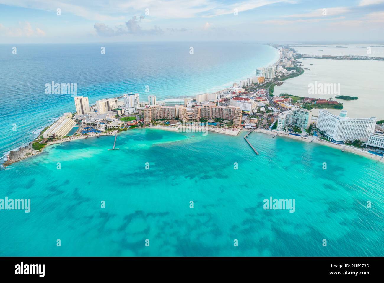 Aerial panoramic view of Cancun beach and city hotel zone in Mexico ...