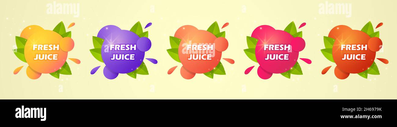 Juice fresh fruit label icon set. Orange, blueberry, peach, strawberry ...