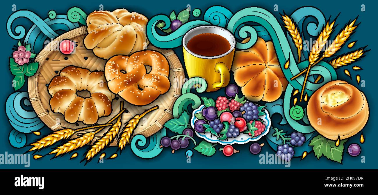 Food and drinks hand drawn vector doodles illustration. Bake shop ...
