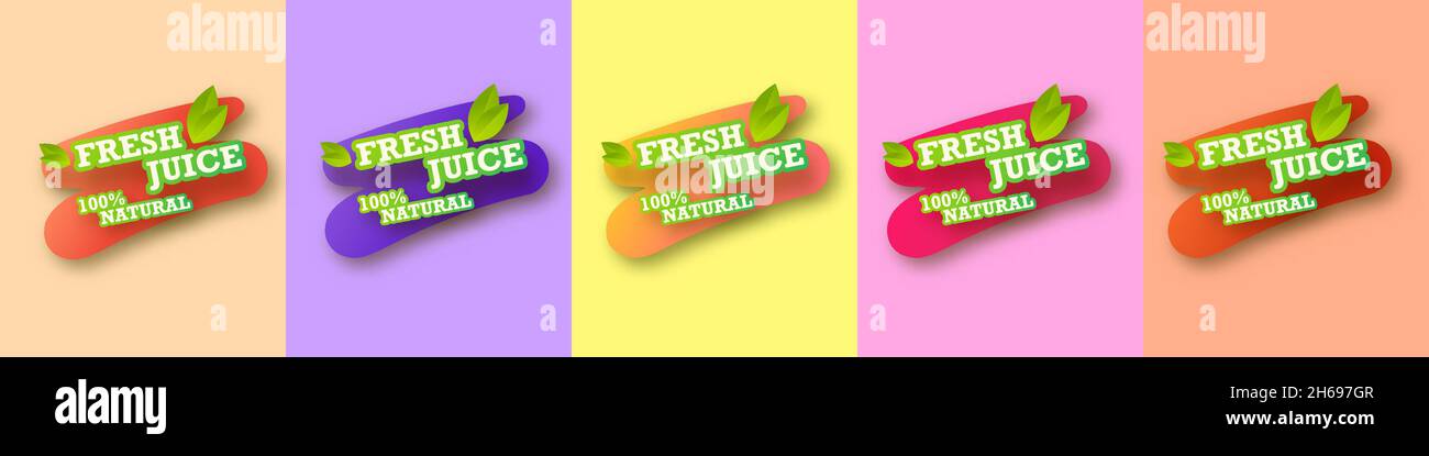 Juice fresh fruit label icon set. Orange, blueberry, peach, strawberry ...