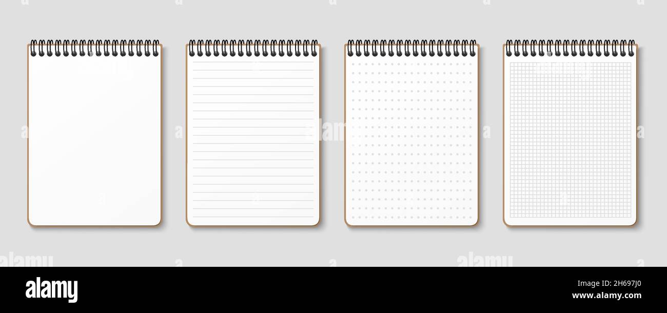 Realistic notepad. Lined, gridded and dotted sheets. Blank sheets of notebook with grid for ...
