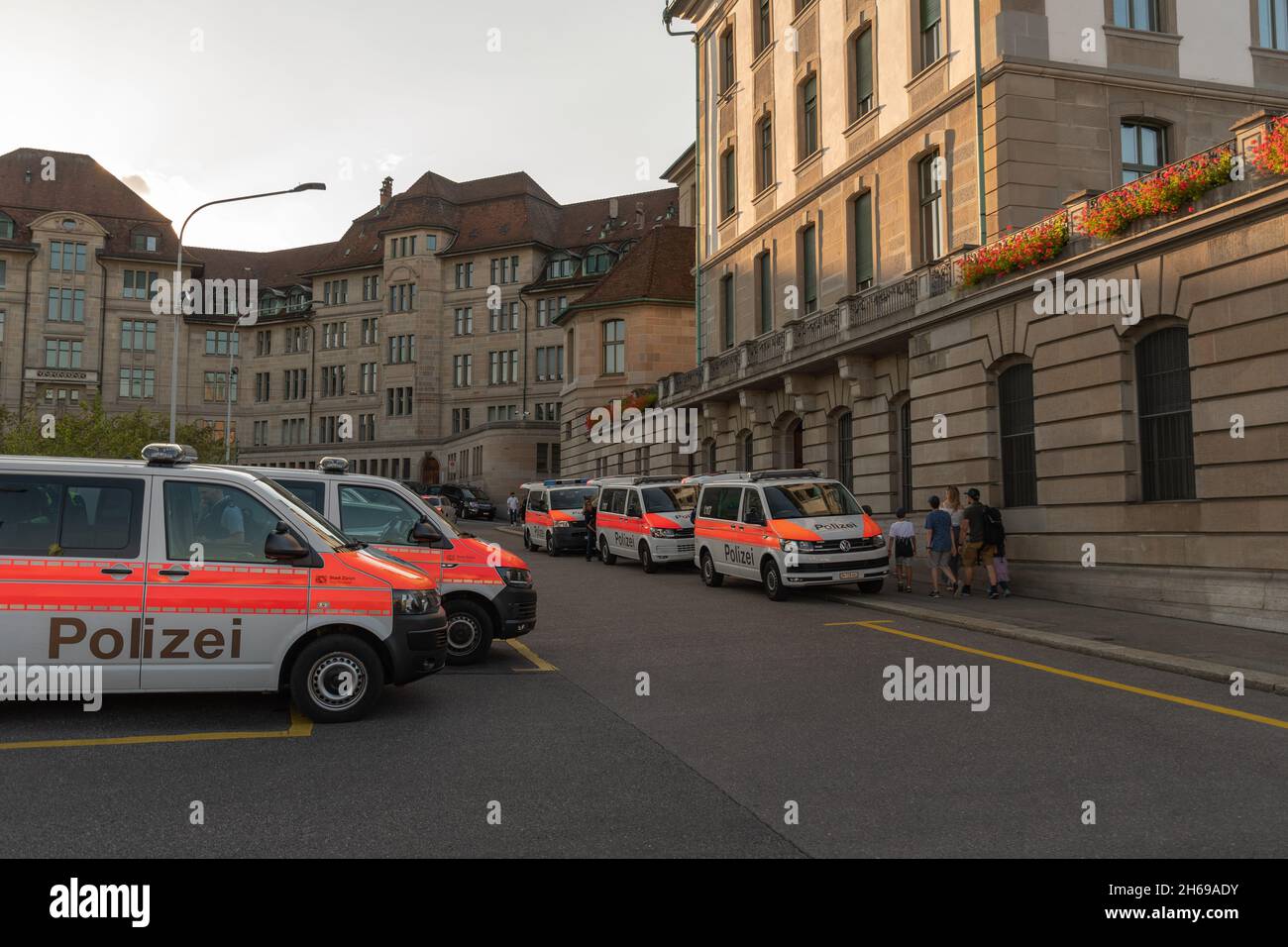 Zurich, Switzerland, September 4, 2021 Police cars are parking in front ...