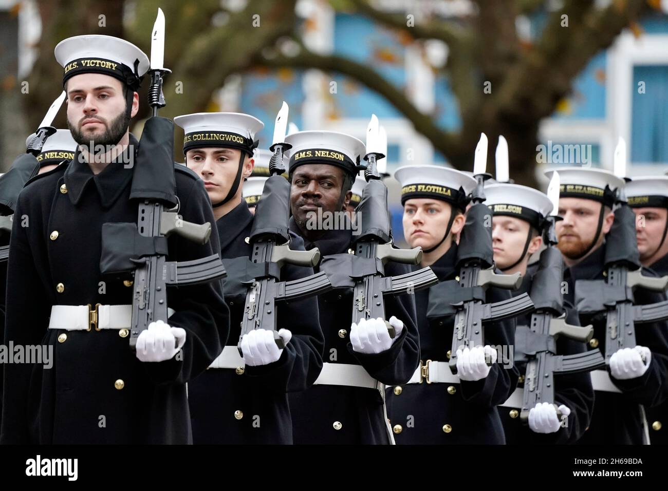 Royal Navy personnel parade into the Guildhall Square, in Portsmouth ...