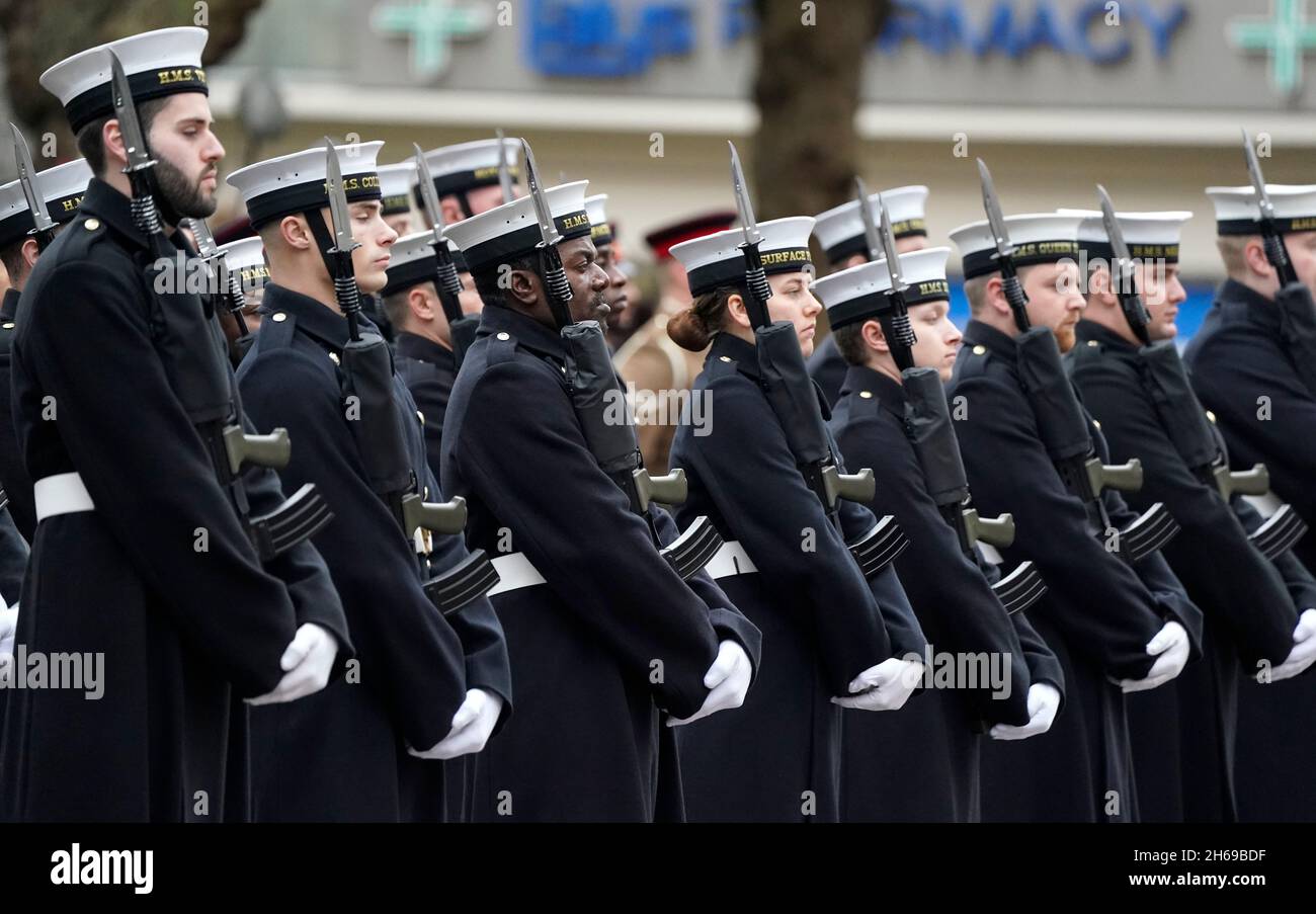 Royal Navy personnel parade into the Guildhall Square, in Portsmouth ...