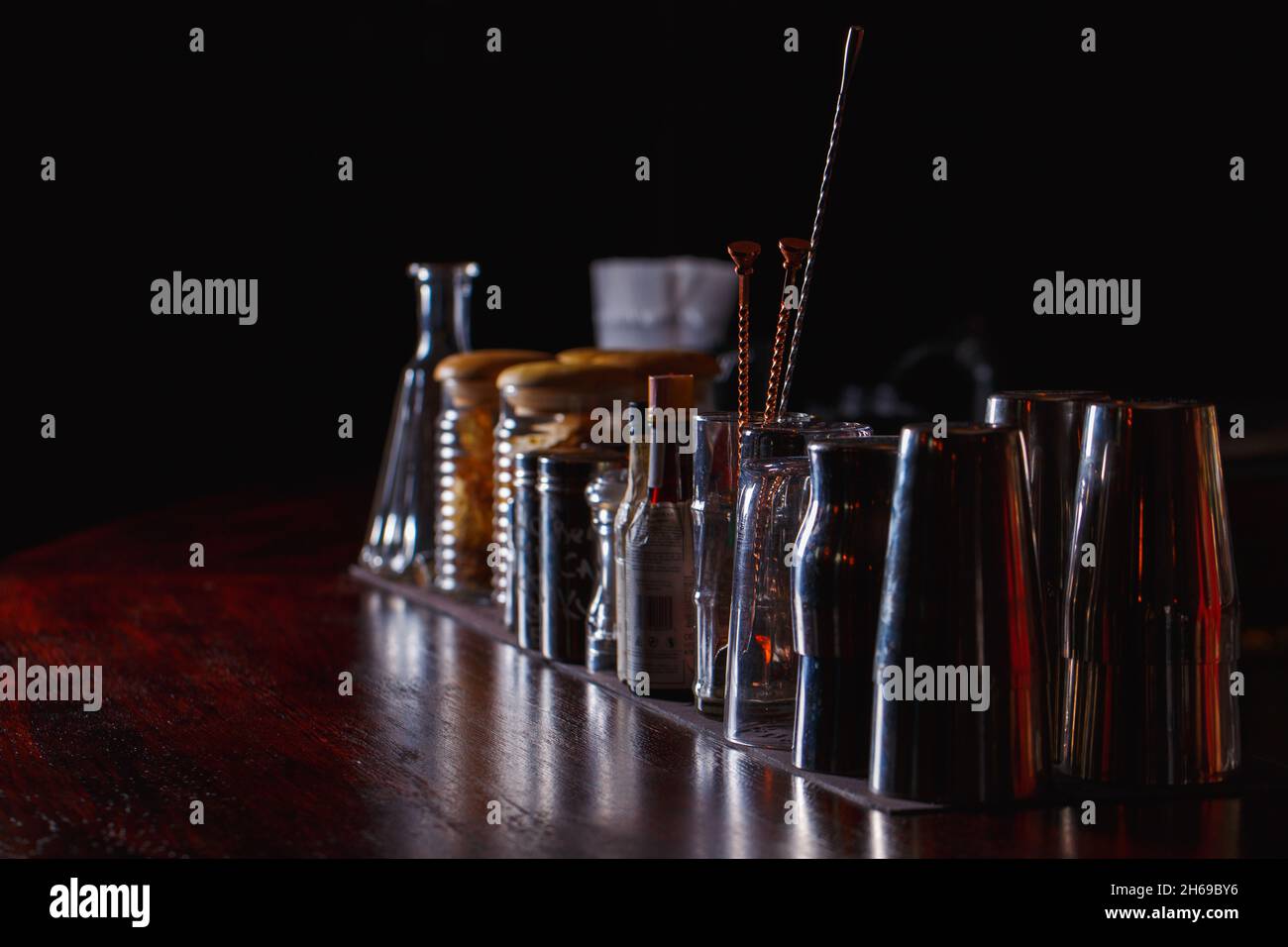 Bartender tools on bar at the night club Stock Photo - Alamy
