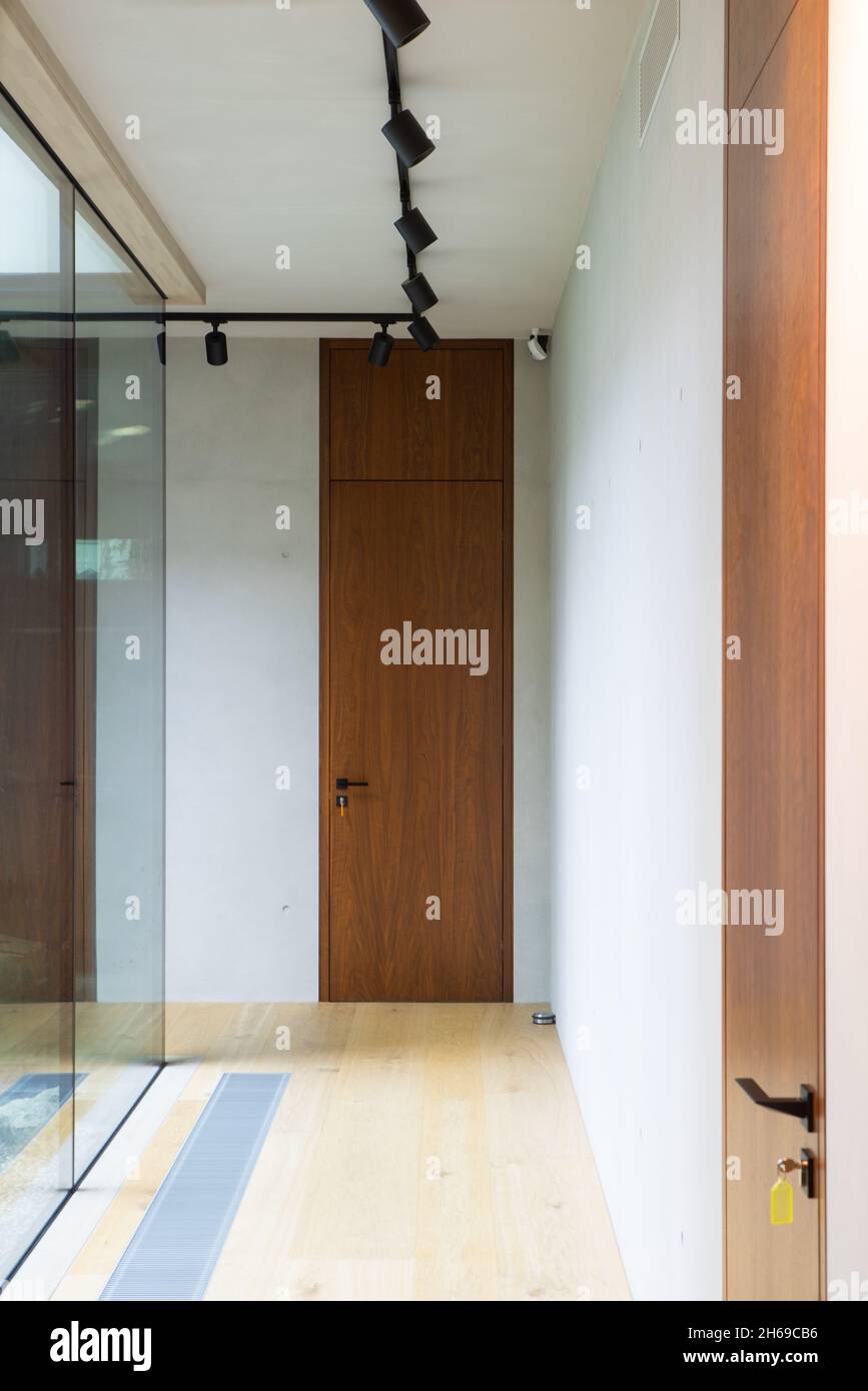Modern interior of luxury private house. Stylish cottage. Glass wall ...