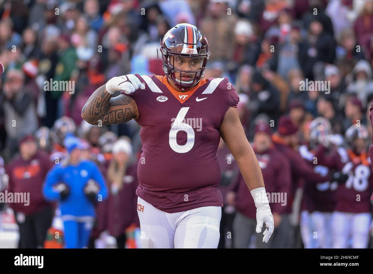 November 13, 2021: Virginia Tech Hokies defensive lineman Josh Fuga (6) during a NCAA football ...