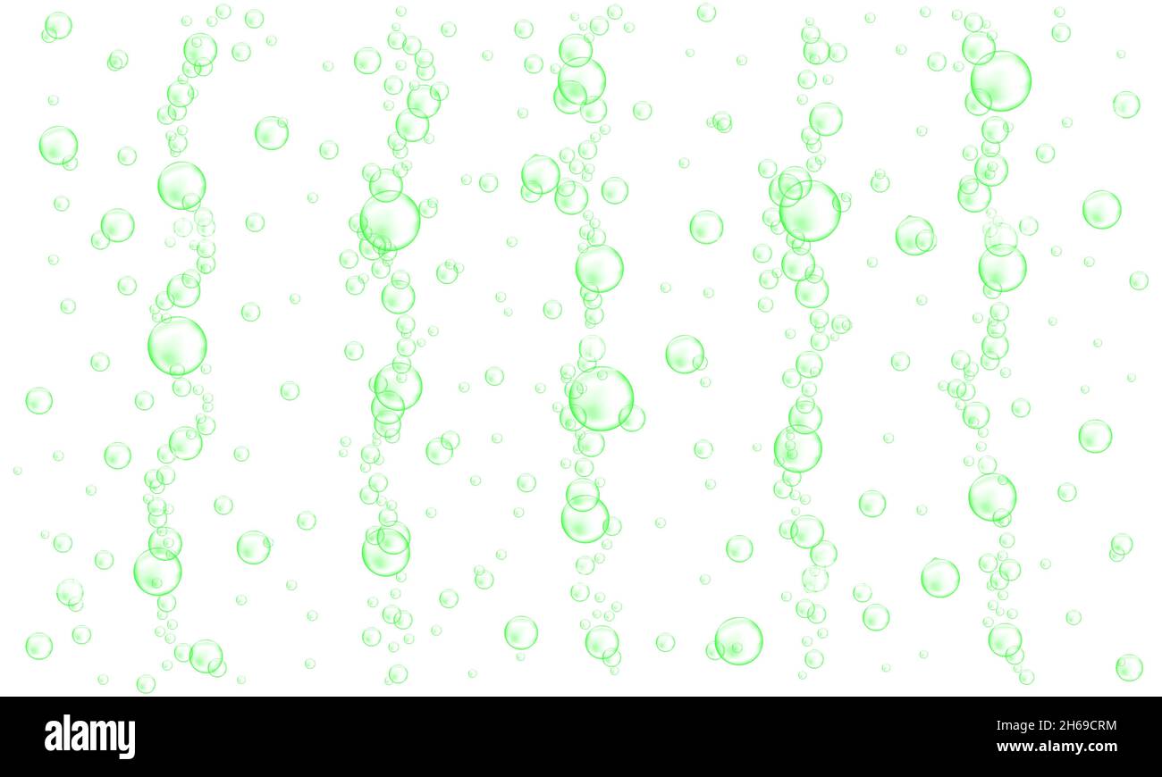 Green underwater bubbles isolated on white background. Fizzy carbonated ...