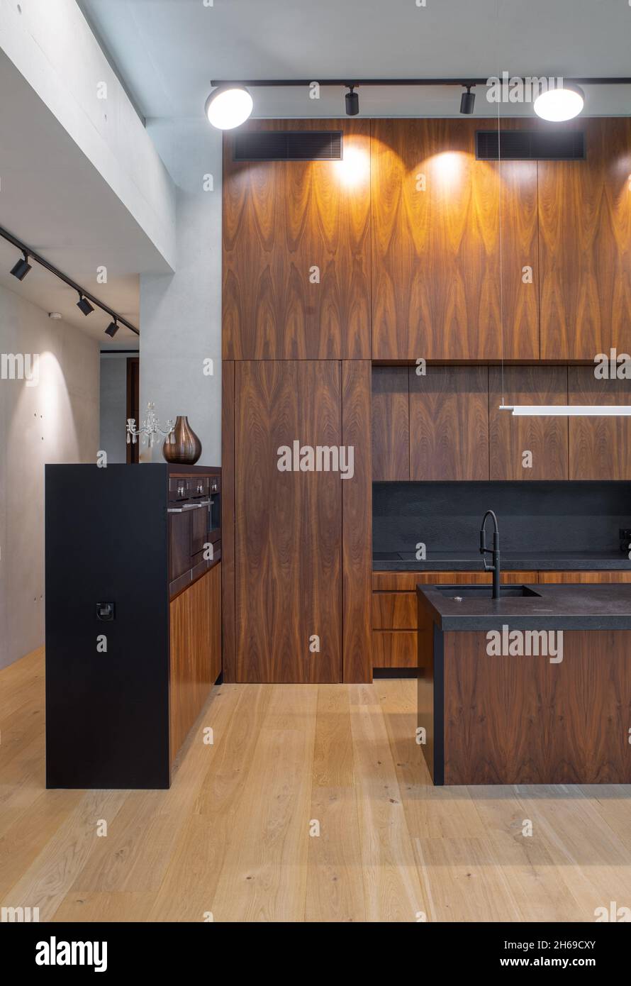 Modern interior of luxury private house. Stylish wooden kitchen with ...