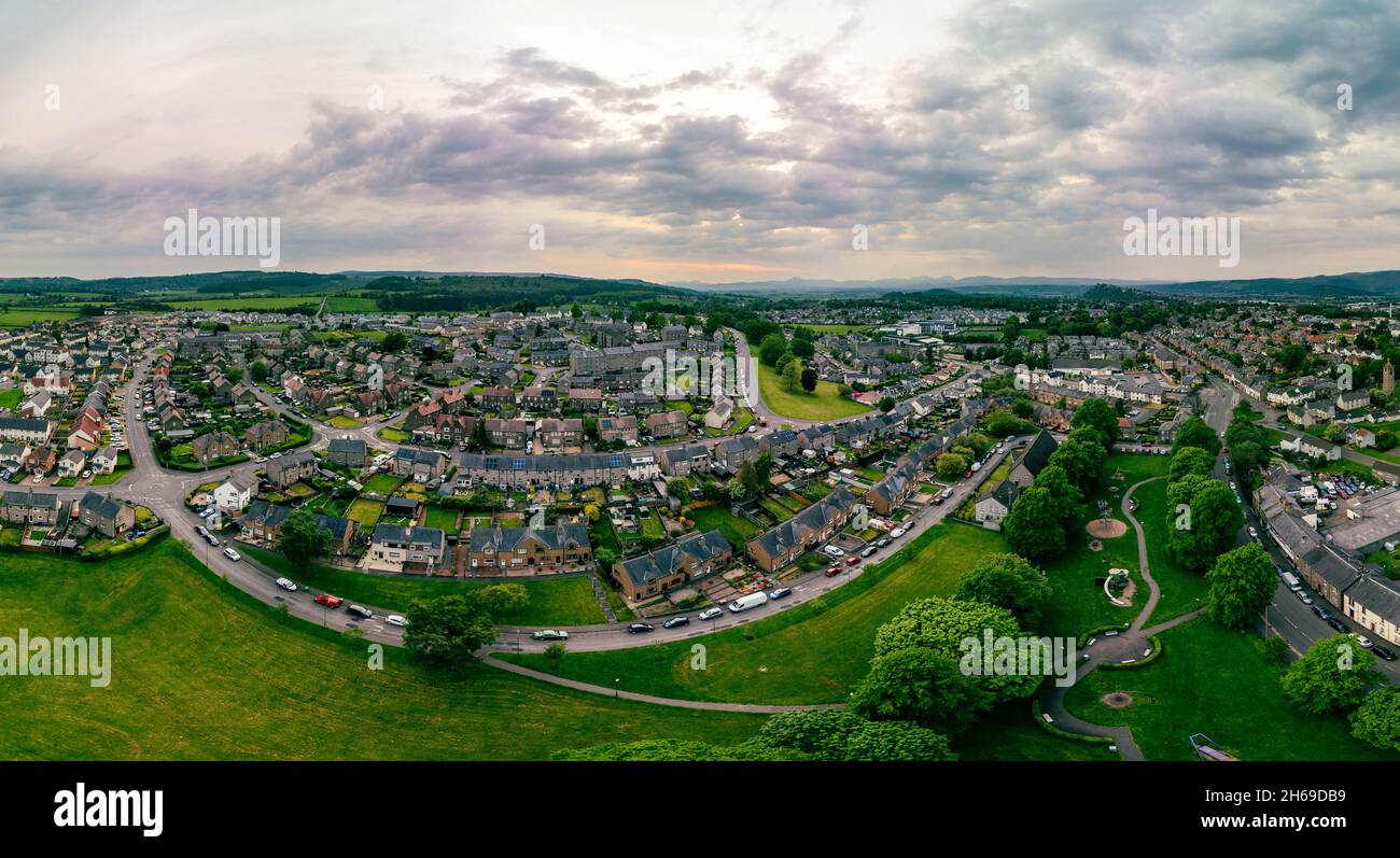 Aerial of Stirling suburb area near Robert Bruce Monument, UK, Scotland ...