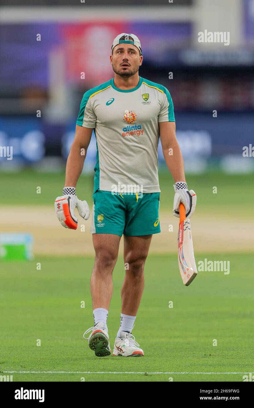 Dubai, UAE. 14th November 2021. Marcus Stoinis of Australia ahead of ...