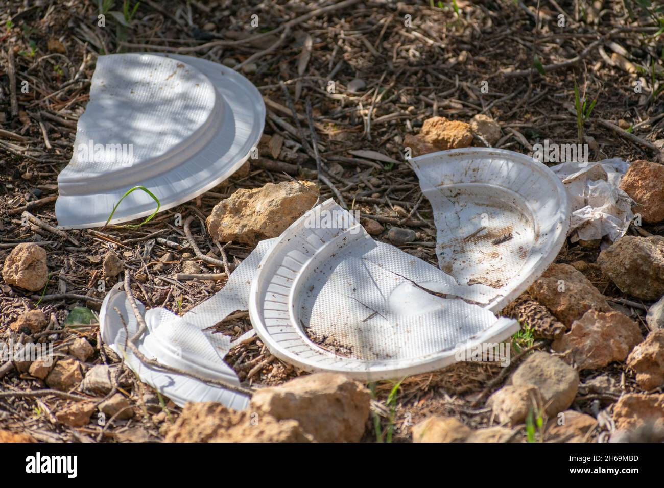 Old white plastic single-use items on the ground in the forest ...