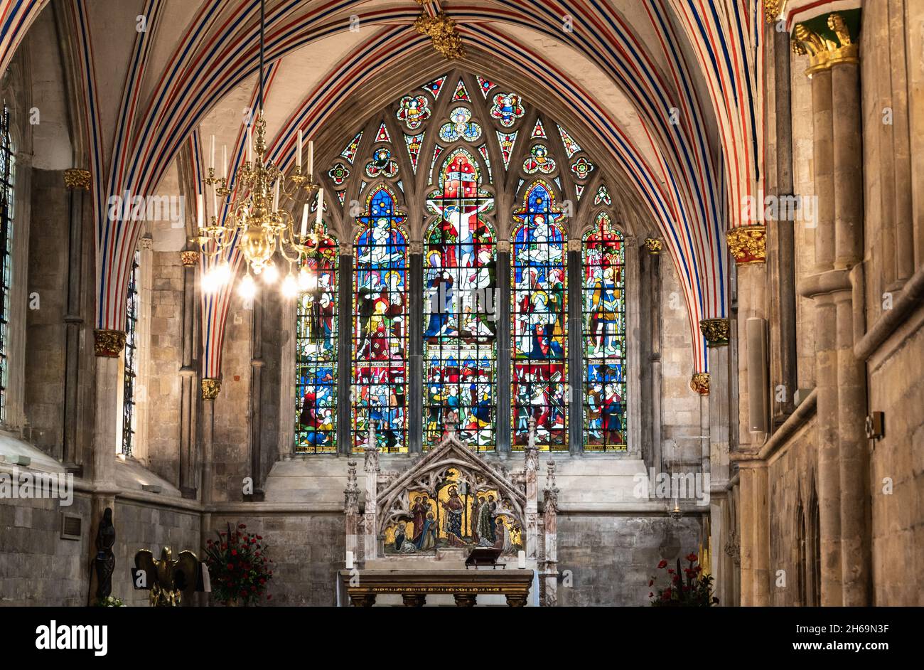 Stained glass window of Jesus' crucifixion in The Lady Chapel ...