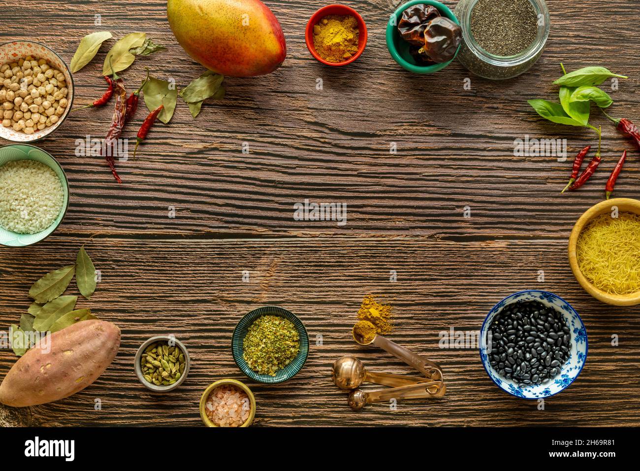 legumes and condiments of Mediterranean food and Asian spices, mango ...