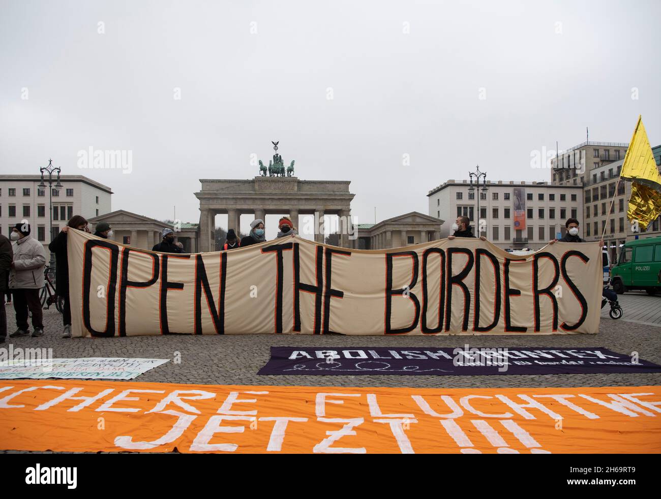 Berlin, Germany. 14th Nov, 2021. "Open the borders" is written on a ...