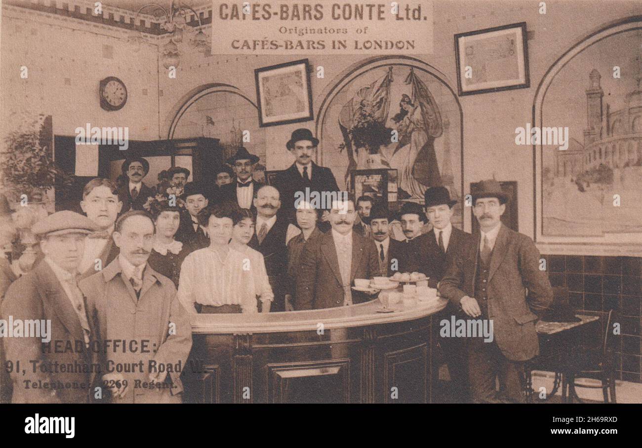 Promotional postcard for Cafe-Bars Conte Ltd, London, featuring staff ...
