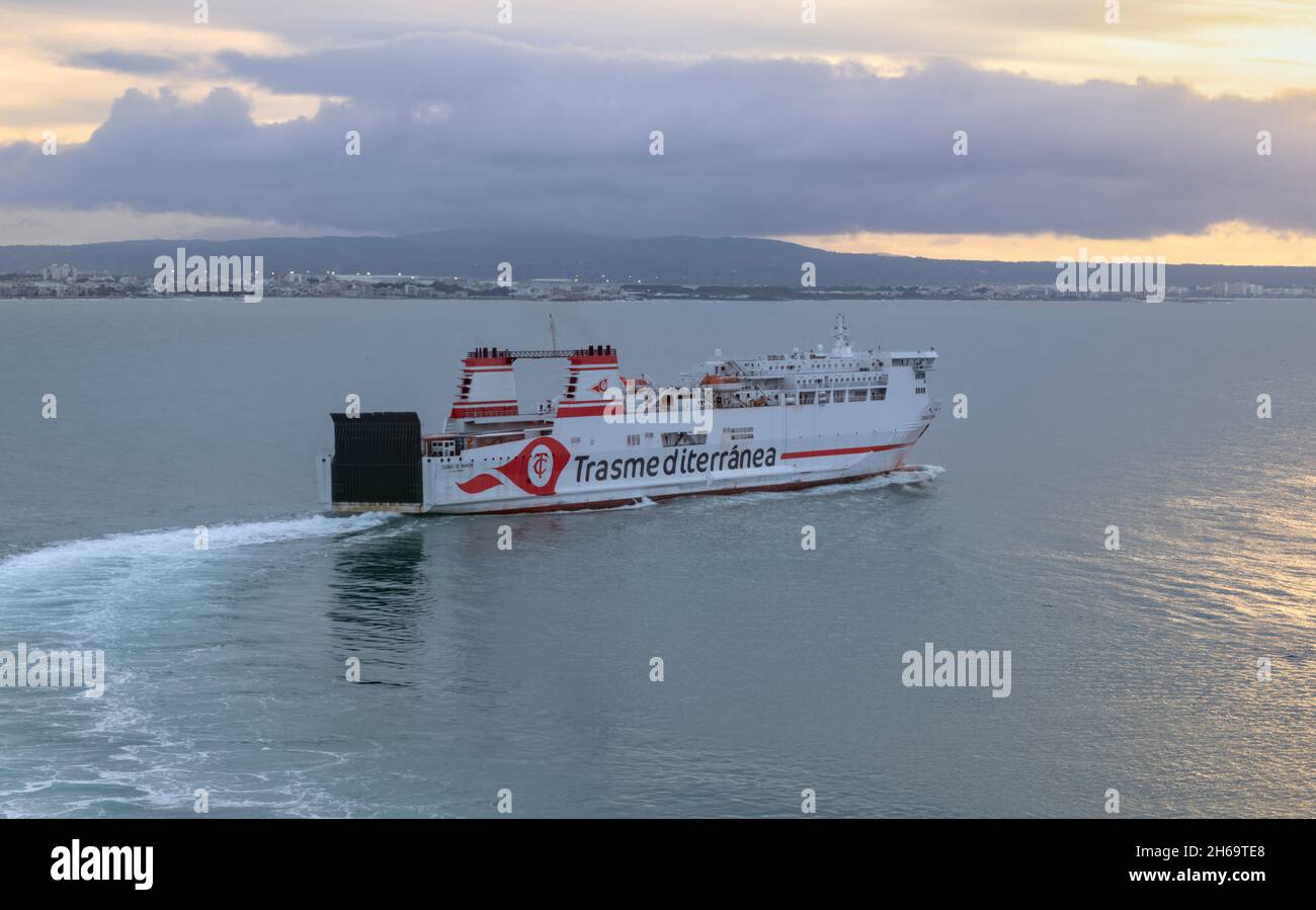 Transmediterranea Ferry leaving Palma de Mallorca, Spain Stock Photo ...