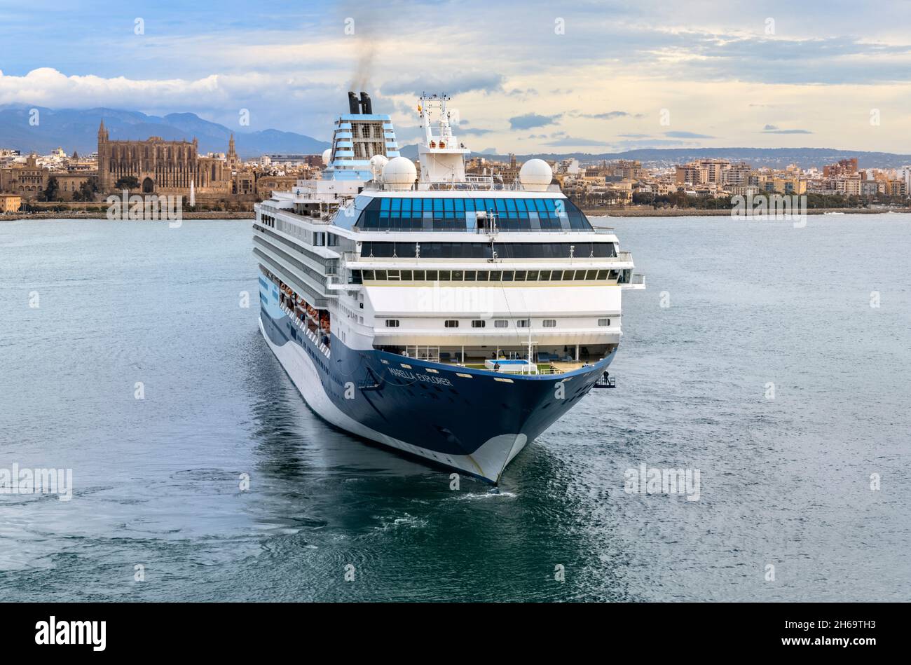 Tui Marella Explorer cruise ship front view, leaving Palma de Mallorca ...