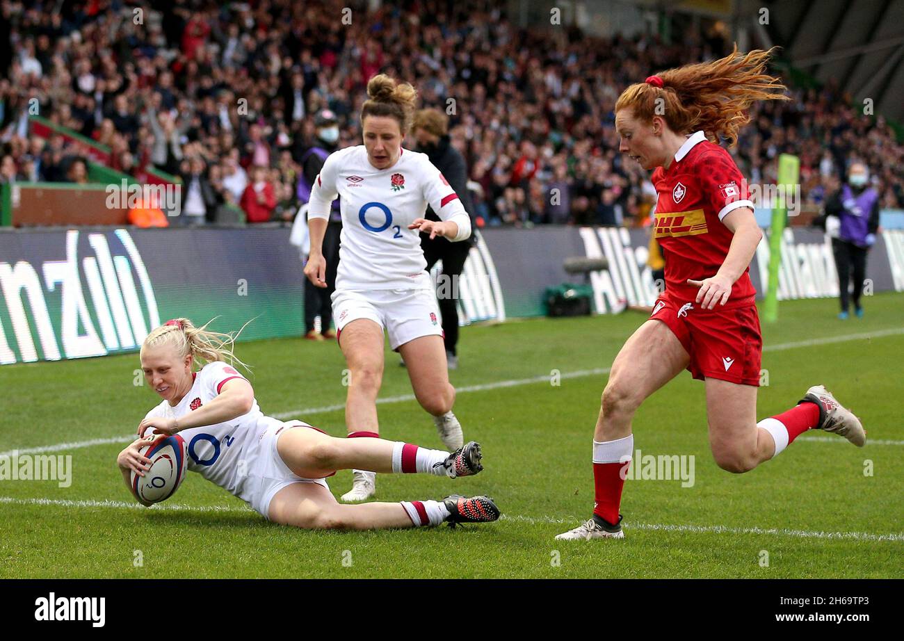 England's Heather Cowell dives in to score her sides third try during ...