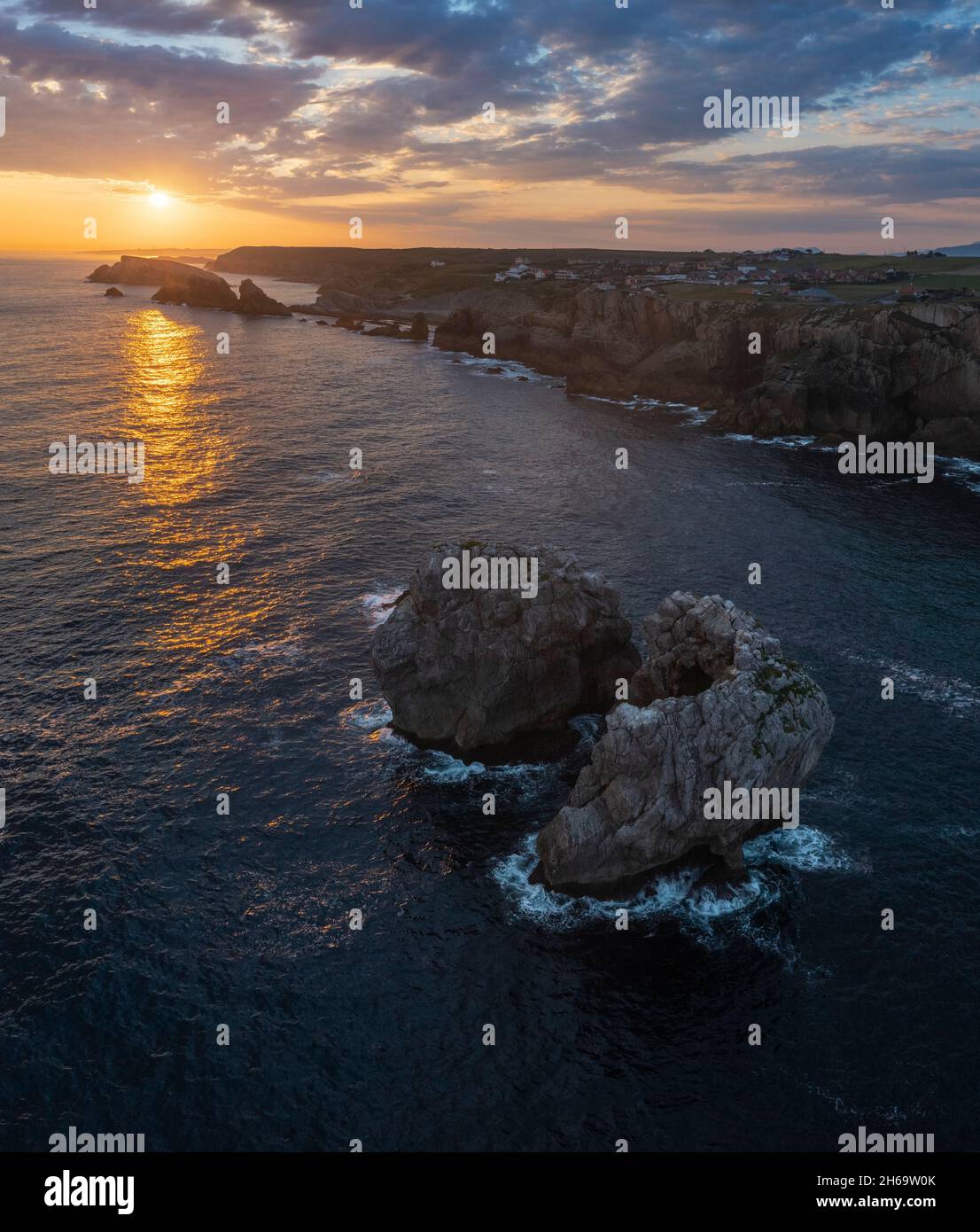 Aerial view of Urro del Manzano at sunrise, Boo de Pielagos, Cantabria ...