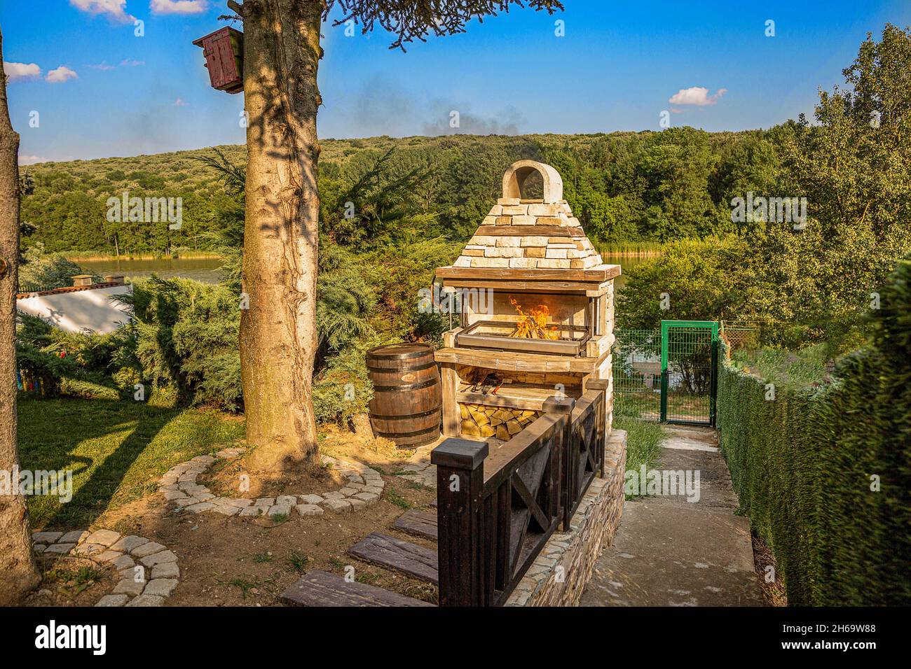 Large Barbecue Open Fireplace with Shelf For Cookout Food. Party Family ...