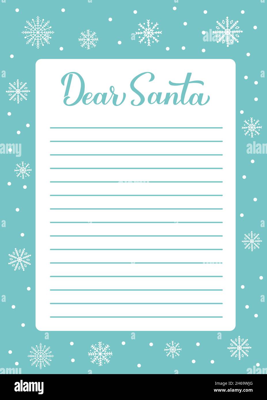 Christmas wish list card. Dear Santa calligraphy hand lettering on blue ...
