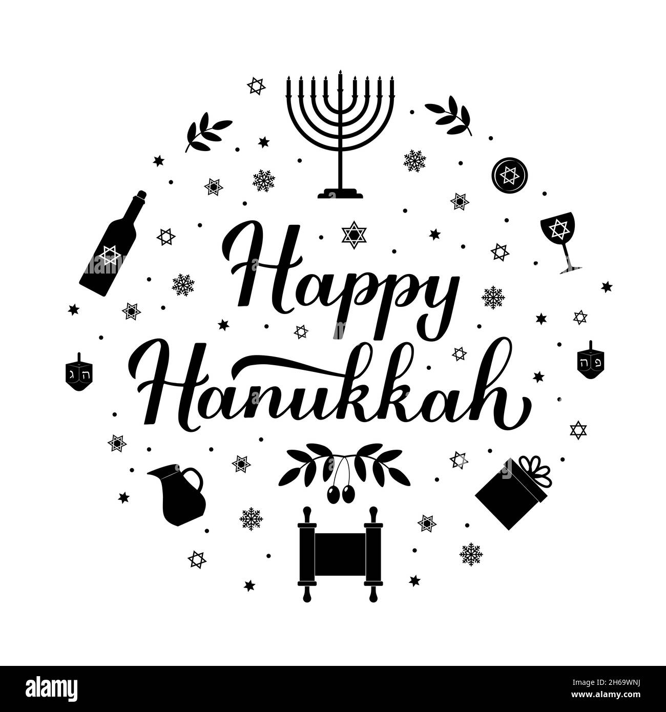 Happy Hanukkah calligraphy hand lettering with traditional symbols ...