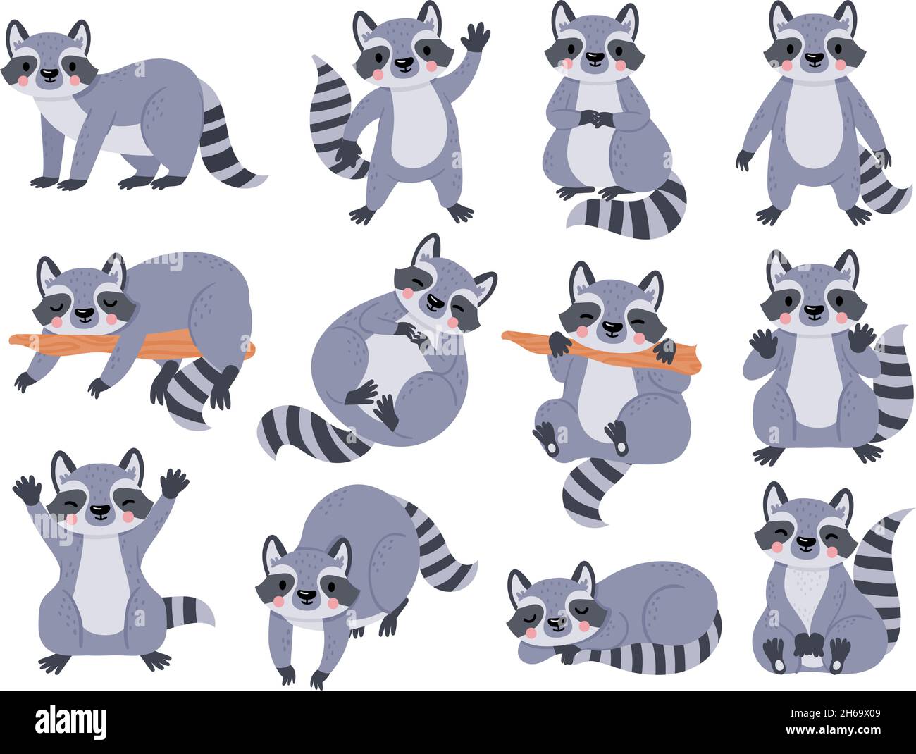 Cute cartoon baby raccoon sleeping, standing and waving. Funny raccoons ...